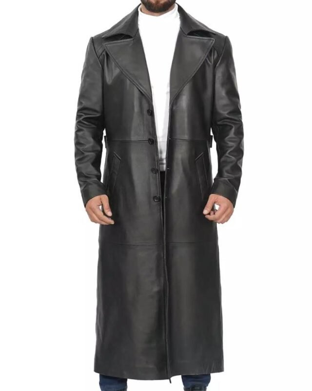 Men’s Full-length Black Leather Trench Coat
