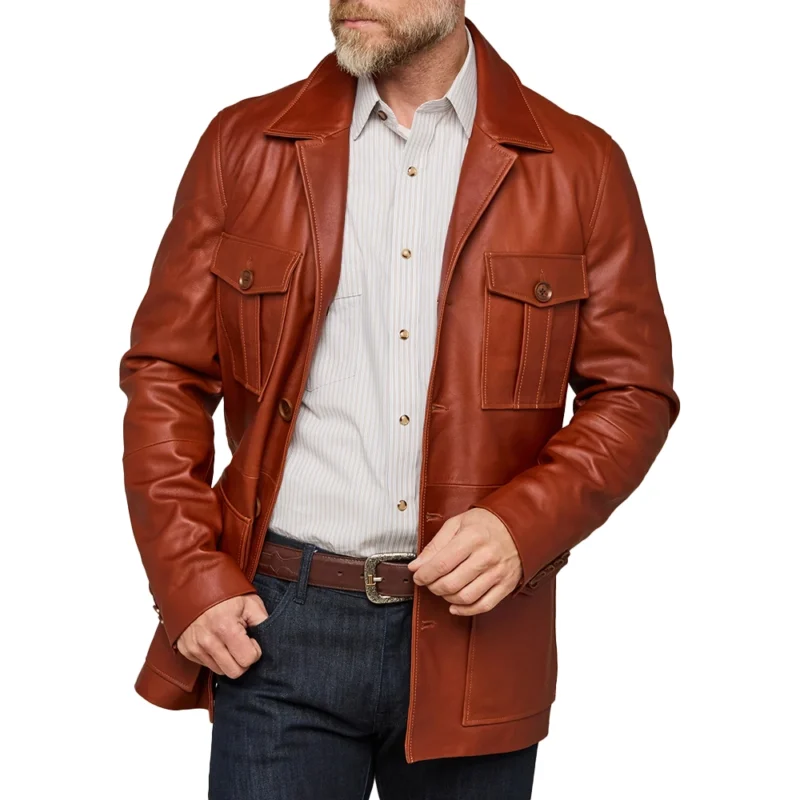 Lucas Brown Leather Safari Jacket Mens